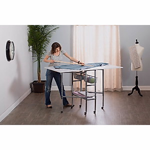 Studio Designs Sew Ready Mobile Height Adjustable Hobby and Craft Cutting Table with Drawers in Silver/White (13374)
