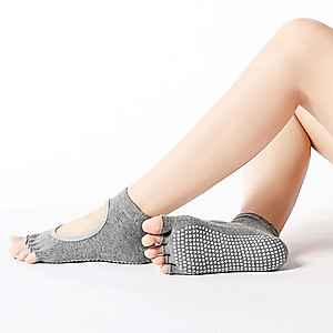 Vanktion 2 Pairs Toeless Yoga Socks Non-Slip Grips for Pilates Ballet Dance Barefoot Workout Cotton Open Toe Women Sports Socks (Black & Grey)