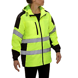 Reflective Apparel High Visibility Hooded Windbreaker Safety Jacket - ANSI Class 2 Compliant, Water-Resistant Shell - Lime, Large