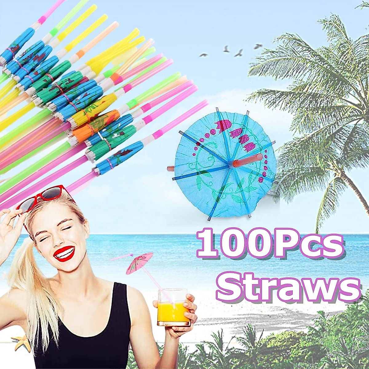 QUMENEY 100PCS Umbrella Drinking Straws, Plastic Party Drink Straws, Tropical Hawaiian Flexible Bendy Cocktail Straws Beach Luau Bar Birthday Decorations Supplies for Drinkware