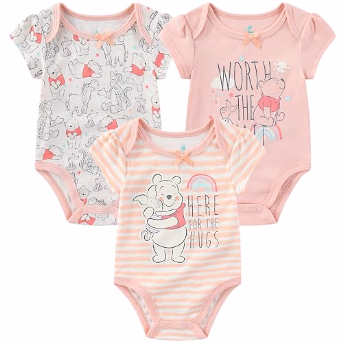 Disney Dumbo, Princess Or Winnie the Pooh Girls 3 Pack Bodysuit for Newborn and Infants