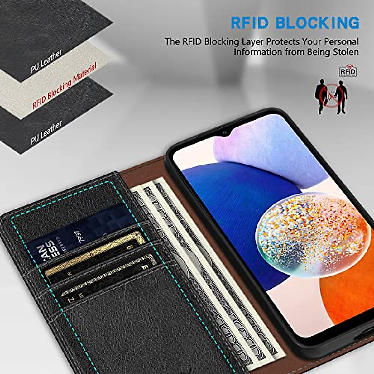 ZZXX Samsung Galaxy A14 5G Wallet Case with [RFID Blocking] Card Slot Stand Strong Magnetic Leather Flip Fold Protective Phone Case for Samsung Galaxy A14 5G Case Wallet(Black-6.6 inch)