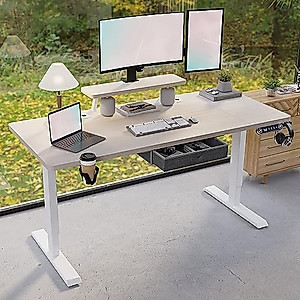 BUNOEM Height Adjustable Electric Standing Desk with One Drawer, Table with Storage Shelf, Sit & Stand Home Office Desk with Storage Space (Oak, 63x30)