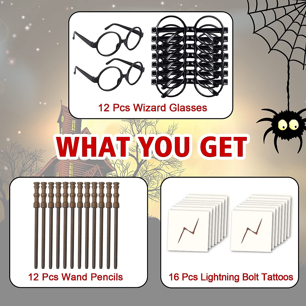 Wizard Theme Party Favors - Wand Pencils,Wizard Glasses with Round Frame No Lenses,Lightning Bolt Scar Temporary Tattoo for Magic Birthday/School Party Supplies ,Halloween Decor,12pcs each(36pcs all)