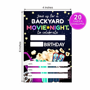 Backyard Movie Night Birthday Invitations, Outdoor Movie Birthday Party Invites Decorations, Kids Adults Birthday Party and Events Supplies, 20 Fill-in Invites Cards with Matching Envelopes（YQK-027）