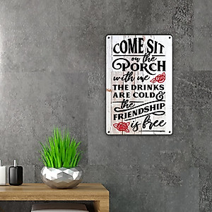 QIONGQI Funny Porch Quote Metal Tin Sign Wall Art Décor Porch Rules Wooden Style Come Sit on The Porch Sign for Home Decor Gifts