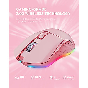 DAREU Pink Wireless Wired Gaming Mouse Dual-Mode Rechargeable 7 Programmable Buttons,10K DPI,RGB and 7 Adjustable DPI Levels up to [150IPS] [1000Hz Polling Rate] for PC Notebook Mac