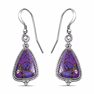 Shop LC Purple Turquoise Dangle Drop Earrings in 925 Sterling Silver - Handmade Western Jewelry for Women - Boho Beach Dangling Earrings - Unique Gifts for Sister, Wife, Mom, & Grandma Gifts for