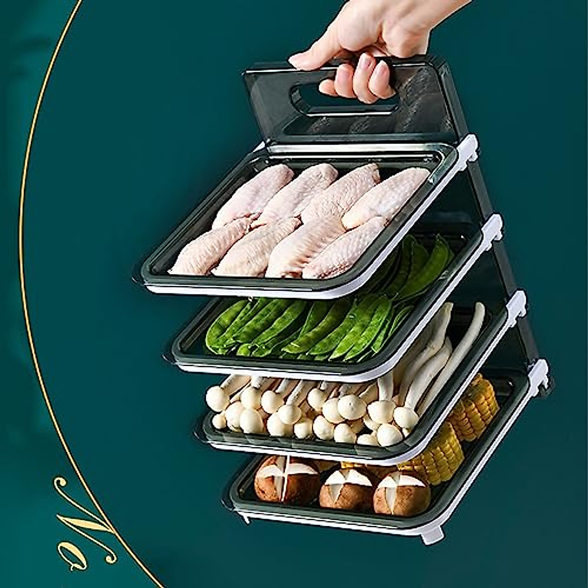 ZYLLZY Kitchen Side Dish Organization Rack, Wall Mounted Food Sorting Tray, Multilayer Food Sorting Tray, 4 Layers Storage Tray Collapsible Side Dish Stacking Storage for Hotpot Kitchen(Grey)