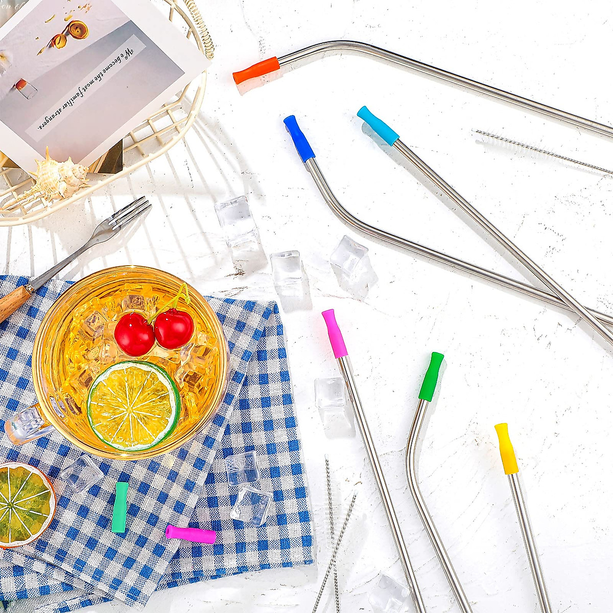 20 Pieces 14 Inch Stainless Steel Straws Long Drinking Straws for 100 oz Tumblers with Silicone Tips, Reusable Metal Drinking Straws Extra with 4 Pieces Cleaning Brush