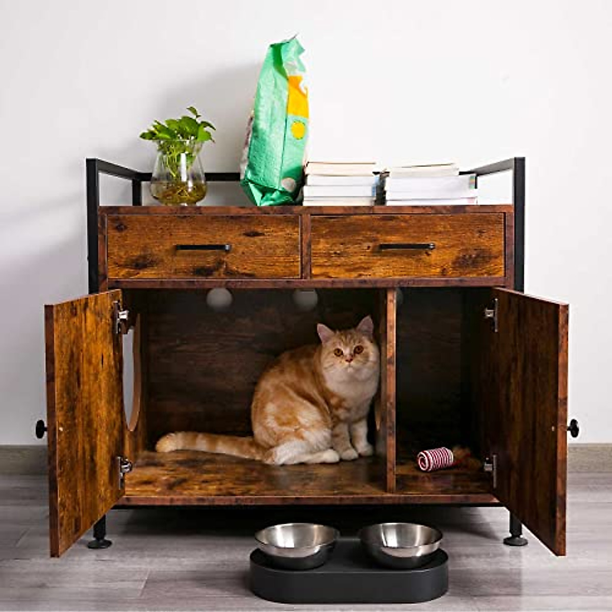 TC-HOMENY Cat Litter Box Enclosure Cabinet Storage Wooden Hidden Cat Washroom Furniture with 2 Doors, Drawers