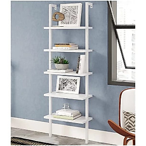 Karl home Ladder Shelf 5 Tier Wall Mounted Bookcase with Metal Frame, Open Design Shelves for Living Room, Bedroom, Home, Office, White (23.62" L x 11.81" W x 70.87" H)