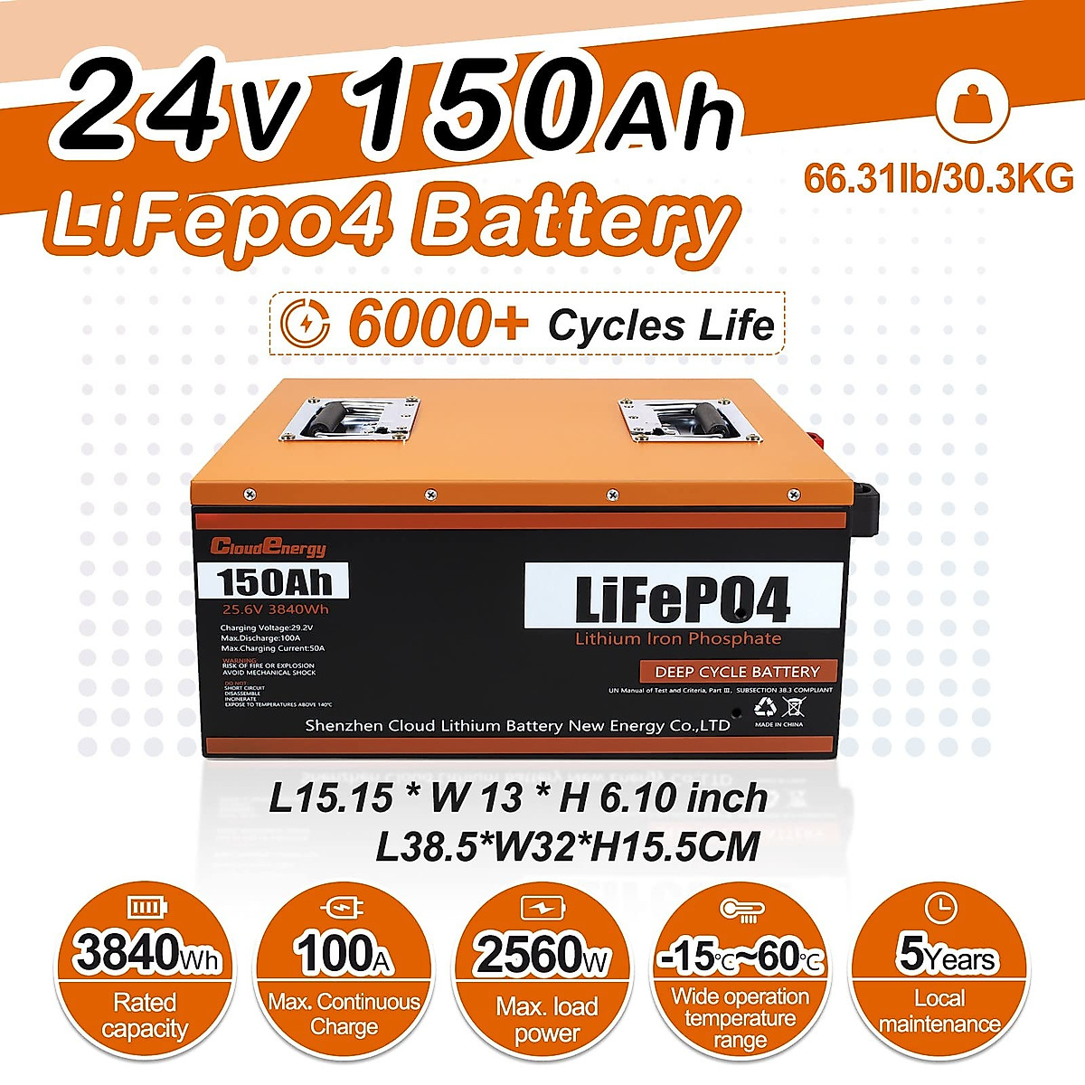 CloooudPro 24V 150Ah LiFePO4 Battery 8000+ Deep Cycle Luthium Battery 3.84kWh Capacity with Longer Runtime, Built-in 100A BMS, Perfect in Solar/Energy Storage System, RV, Backup Power, etc.