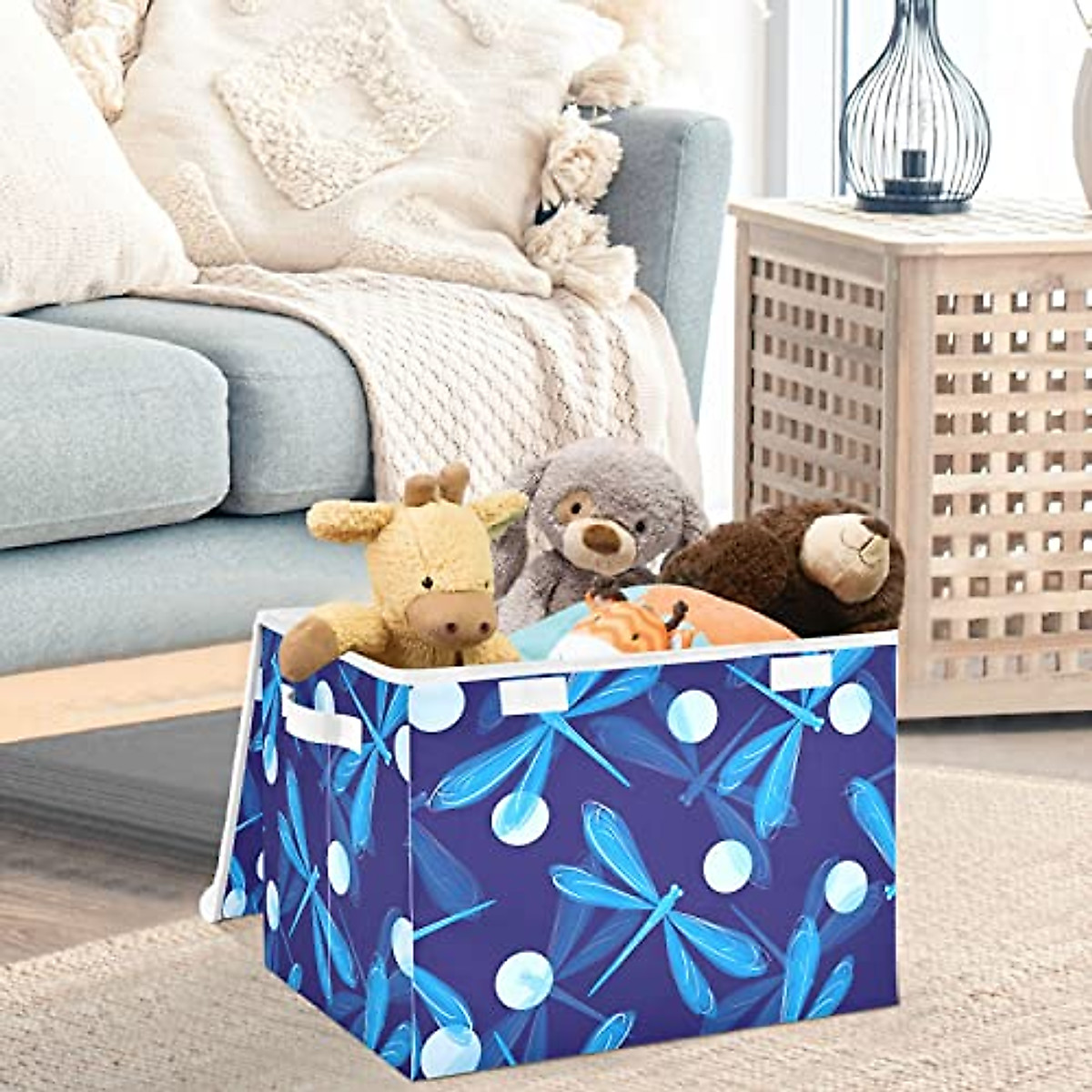 CaTaKu Cute Blue Dragonfly Storage Bins with Lids and Handles, Fabric Large Storage Container Cube Basket with Lid Decorative Storage Boxes for Organizing Clothes