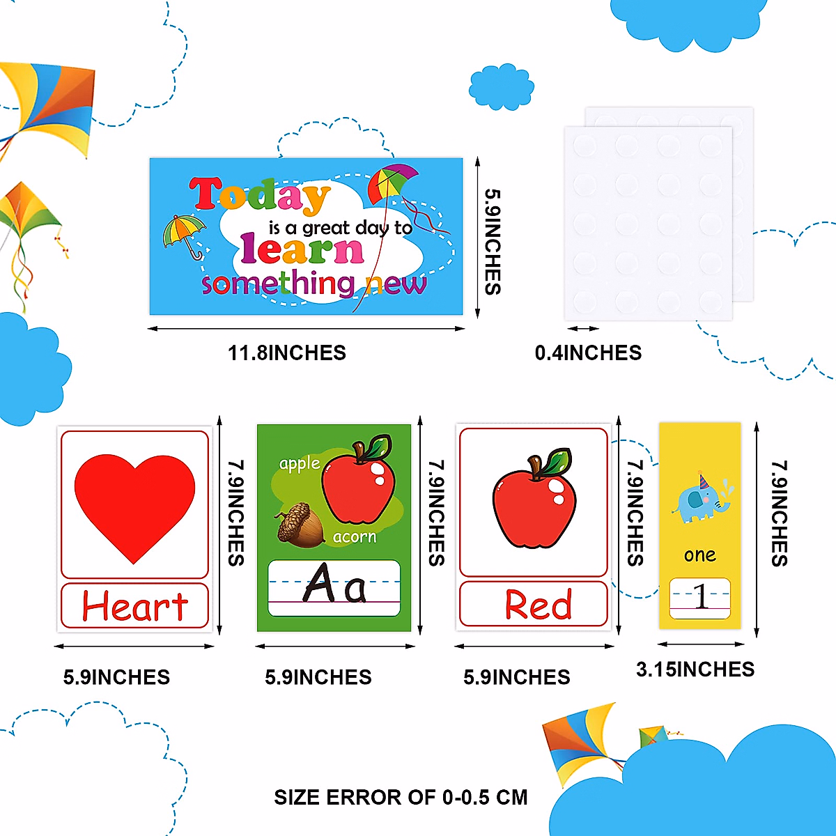 58 Pieces Educational Preschool Cards Kids Early Learning Poster Alphabet Number Colors and Shapes Bulletin Board Decoration Kindergarten Classroom Learning Card with Glue Point Dot (Rich Style)