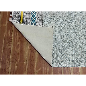 Casavani Hand Block Printed Cotton Dhurrie Geometric Blue & Black Area Rug Doormat Floor Rug Indoor Area Rugs for Bedroom Living Room Laundry Room 6x12 Feet Runner