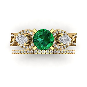 Clara Pucci 2.1 ct Round Cut Solitaire 3 stone Simulated Emerald Designer Art Deco Statement Wedding Ring Band Set 18K Yellow Gold 7