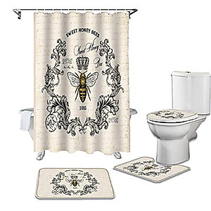 4 Piece Shower Curtain Sets with Bath Rugs Spring Farm Bee Floral Wreath Retro Newspaper,Non-Slip Floor Mat,Toilet Lid Covers,U-Shape Contoured Pad Bumblebee Crown Bathroom Set for Home Decor