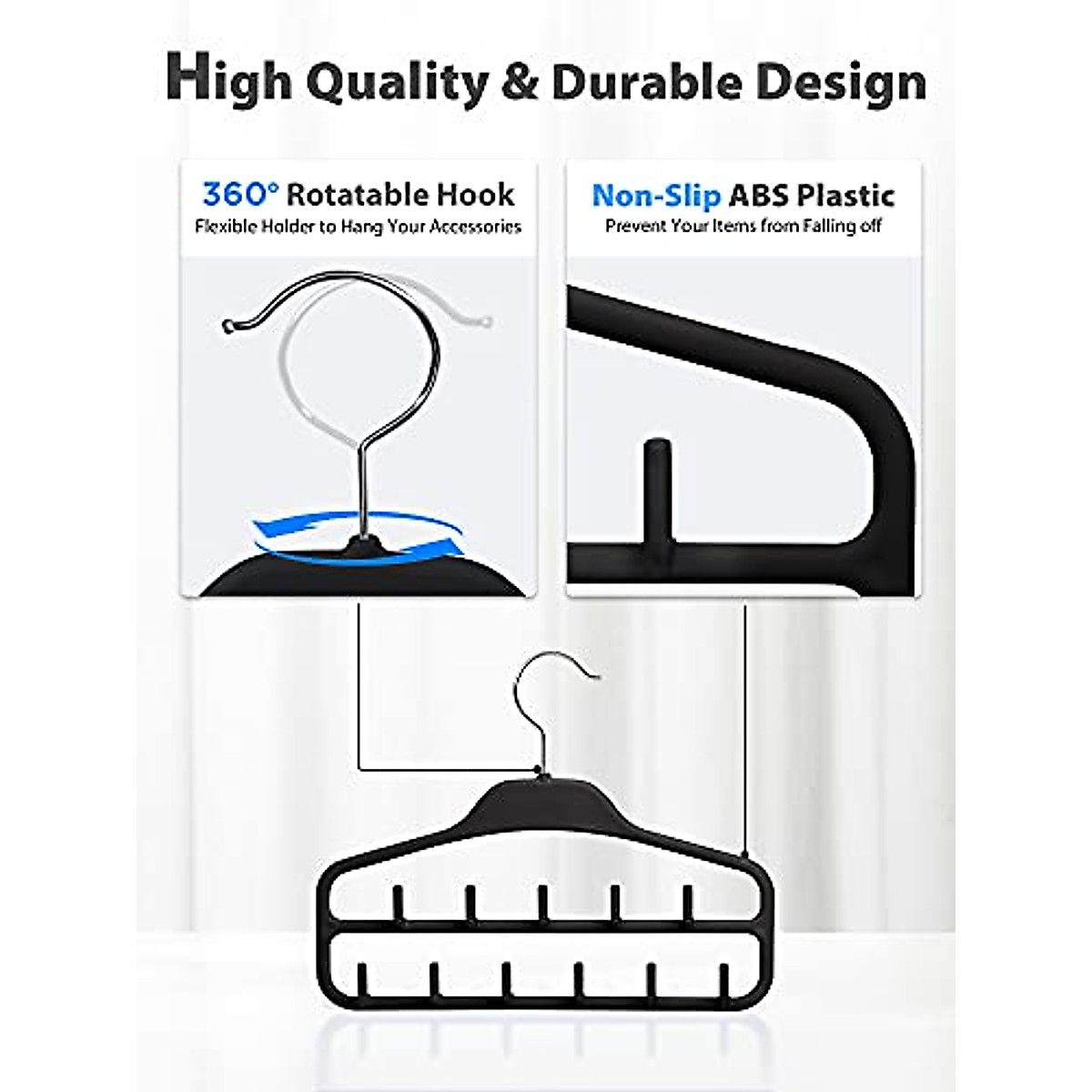 SMARTAKE 2 Pack Belt Hanger, 360 Degree Rotating Tie Rack with Hooks, Non-Slip Durable Hanging Closet Organizer Accessories Holder for Leather Belt, Bow Tie, Scarves and more, Black