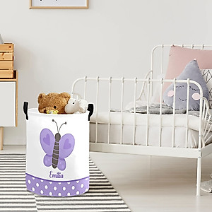 Personalized Laundry Basket Hamper,Butterfly Dots Purple,Collapsible Storage Baskets with Handles for Kids Room,Clothes, Nursery Decor