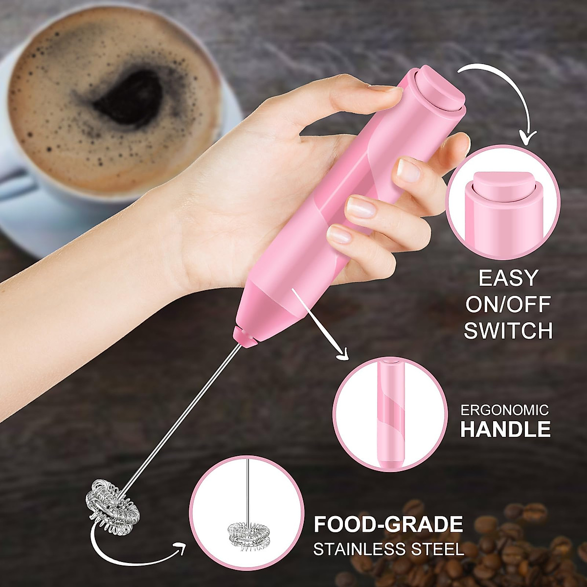 Double Whisk Milk Frother, Handheld Electric Blender stick, Drink Mixer with Food Grade Stainless Steel Stirrer, Battery Operated Foam Maker for Coffee, Cappuccino, Matcha,Hot Chocolate Latte, in Pink