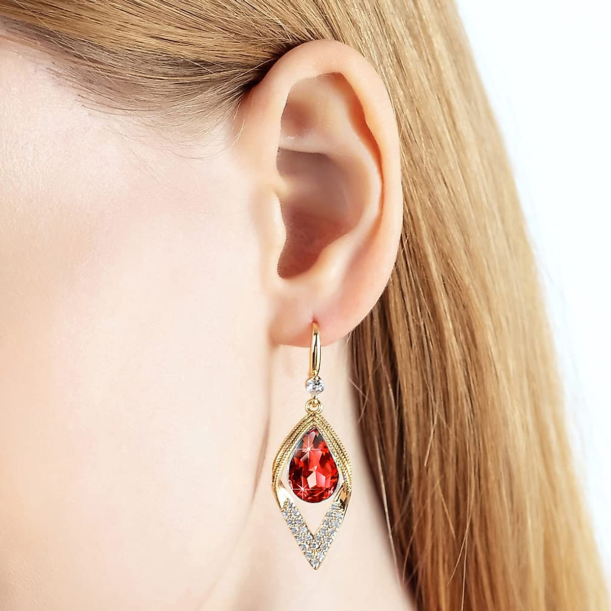 Austrian Crystal Teardrop Hollow Leaf Drop Dangle Earrings for Women 14K Rose Gold Plated Hypoallergenic Jewelry (Red)