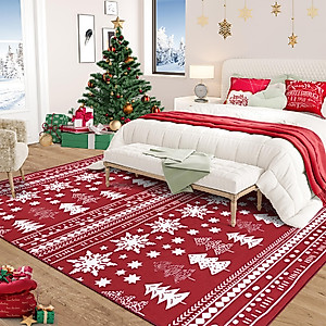 Auemtyn Area Rug, 8x10 Christmas Rug for Living Room, Christmas Area Rug with Non-Slip Backing, Stain Resistant Snowflake Rug for Bedroom,Ultra-Thin Washable Rug for Christmas Decor(8'x10', Red)