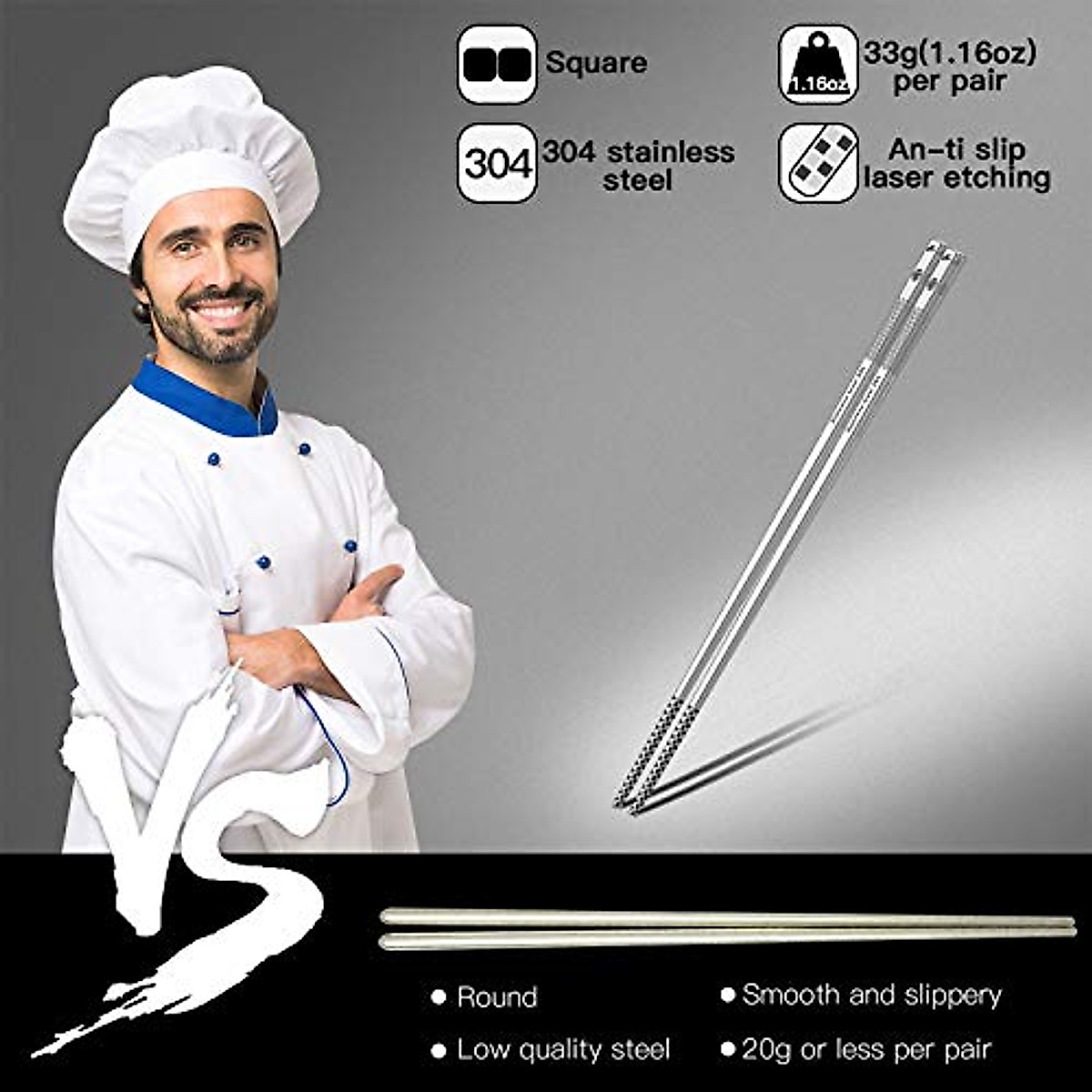 Metal Chopsticks Reusable 18/8 Stainless Steel Chopsticks Multipack Dishwasher Safe Chop Sticks Cute Laser Engraved Non-slip Japanese Korean Chopstick for Cooking Eating 9 1/4 Inches 5 Pairs Gift Set