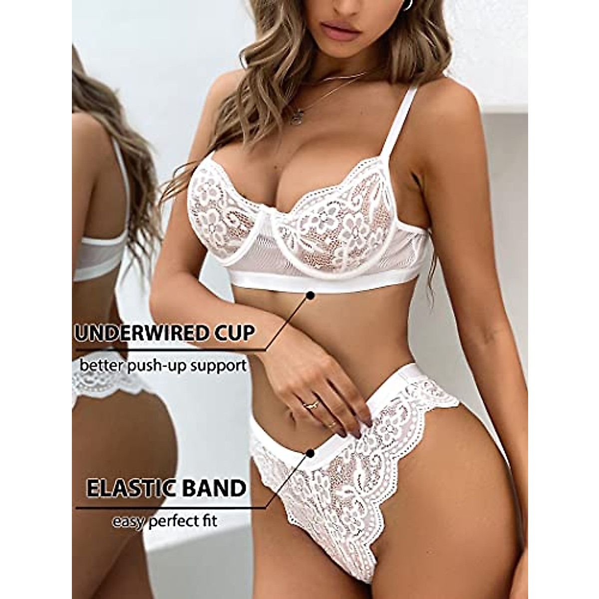 Avidlove Lace Lingerie Set with Underwire Bra and Panty Set Push Up Two Piece Lingerie White