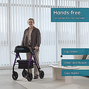 ELENKER All-Terrain Rollator Walker with 10” Non-Pneumatic Wheels, Sponge Padded Seat and Backrest, Fully Adjustment Frame for Seniors, Purple