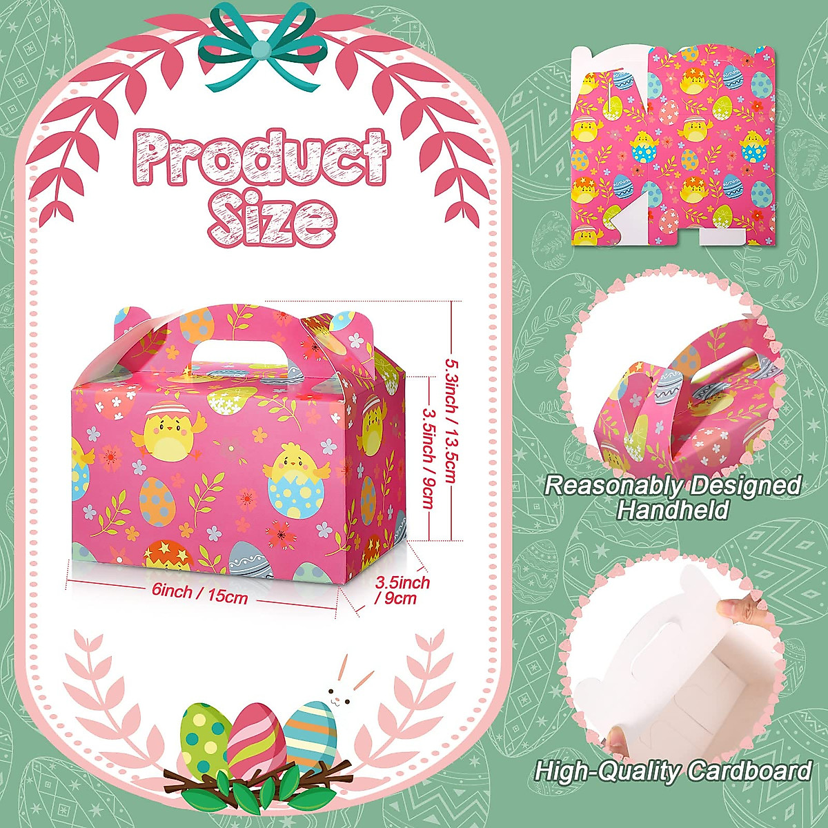 Dianelhall 24 Pcs Easter Treat Boxes Paper Gift Box Party Favor Small Basket with Handle Bunny Eggs Containers for Kids Gifts, 6 x 3.5 x Inch