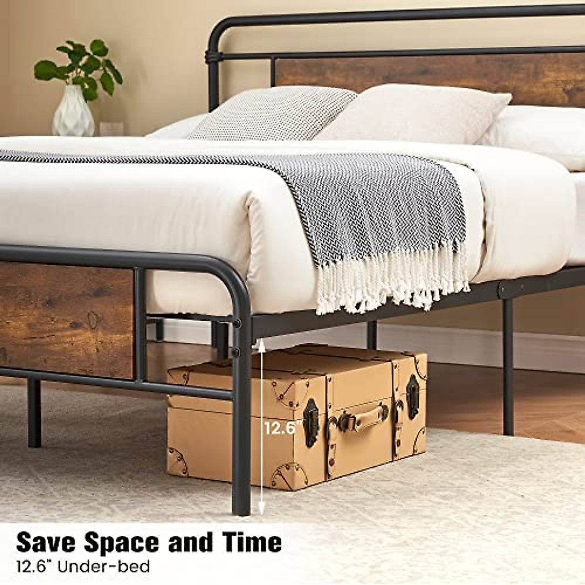 IDEALHOUSE Full Size Bed Frame with Headboard, Premium Metal Platform Bed with Heavy Duty Steel Slats, 12" Under Bed Storage, Noise Free, Easy Assembly, No Box Spring Needed