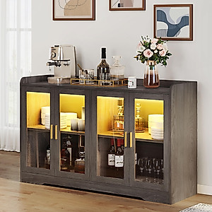 YITAHOME Coffee Bar Cabinet w/LED Light, 55'' Sideboard Buffet Cabinet with Storage with Adjustable Shelves, Storage Cabinet with 4 Doors for Kitchen, Living Room, Charcoal Grey