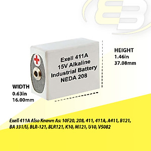 Exell 411A Alkaline 15V Battery Replaces NEDA 208, 10F20, BLR121, 411A ANSI 208 BA 331/U Burgess K10 Burgess U10 Eveready 10F20 Eveready B121 Eveready BLR121 Mallory M121 NEDA 208 RCA VS082