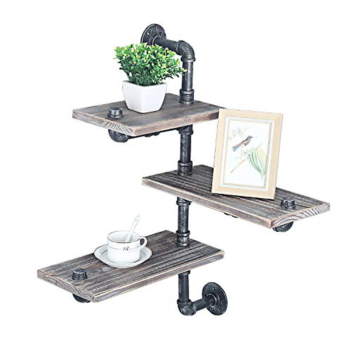 Industrial Pipe Wall Mount 3-Tiers Bookshelf, Metal&Wood Corner Shelves,DIY Storage Shelving Rustic Floating Shelves,Home Decor Shelves,Retro Gray