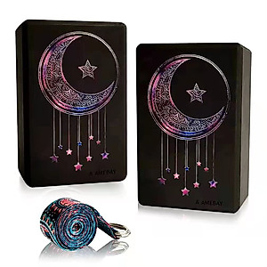 A AMEBAY Yoga Blocks 2 Pack with Strap High Density EVA Foam Exercise Blocks – Lightweight Versatile Fitness and Balance Odor Free Brick,9" x 6" x 4"