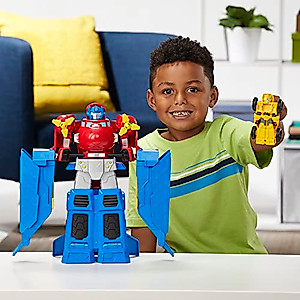 Transformers Optimus Prime Jumbo Jet Wing Racer Playset with 4.5-inch Bumblebee Racecar Action Figure Converting Toys, Ages 3 and Up, 15-inch