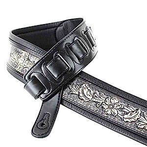 Walker and Williams KB-02-BLK Handmade Distressed Black Carving Leather Padded Guitar Strap With Floral Skull & Christian Cross For Acoustic, Electric And Bass Guitars
