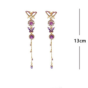 fxmimior Long Tassels Butterfly Earrings Dainty Silver Drop Earrings Statement Charm Earring Purple Rhinestones Crystals Body Jewelry for Women