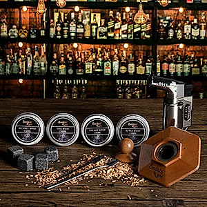 Smokin' Ram Cocktail Smoker Kit with torch - 4 Kinds of Wood Chips, Old Fashioned Whiskey Smoker Kit, 4 Stone Ice Cubes, Bourbon Gifts for Dad, Husband, Men, ebook Included (No Butane)