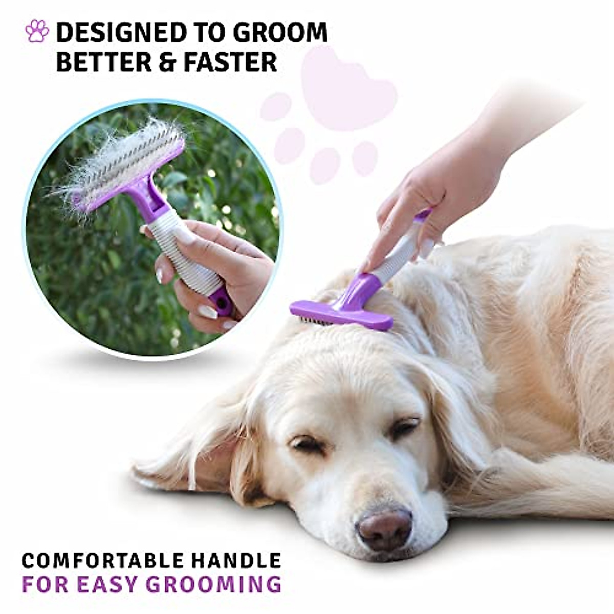 Poodle Pet Dog Grooming Rake| Dematting Tool with Stainless Steel Shedding Comb for Pets | 2 Rows of Pins Gently Remove Loose or Tangled Hair from Undercoat | Purple Handle