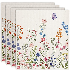 AnyDesign Wildflower Swedish Kitchen Dishcloth Watercolor Spring Flowers Butterfly Cotton Kitchen Towel Absorbent Reusable Cleaning Dishcloths for Home Party Cleaning Housewarming, 7 x 8 Inch, 4 Pack