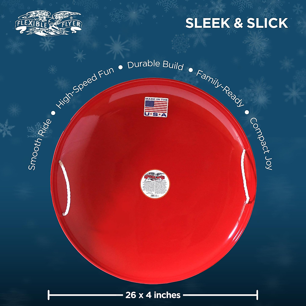 Flexible Flyer Steel Saucer Round Metal Kids Snow Sled Toy with Nylon Rope Handles for Adults and Children Ages 5 Years and Up, Red