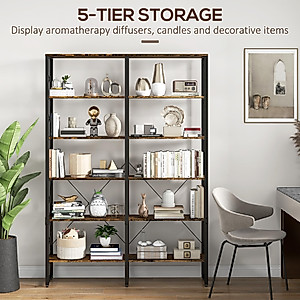 HOMCOM Bookshelf, Tall Industrial Bookcase with 6 Shelves, 5-Tier Storage Rack with Steel Frame, 53.25" Wide Display Rack, X-bar for Living Room, Home Office, Rustic Brown