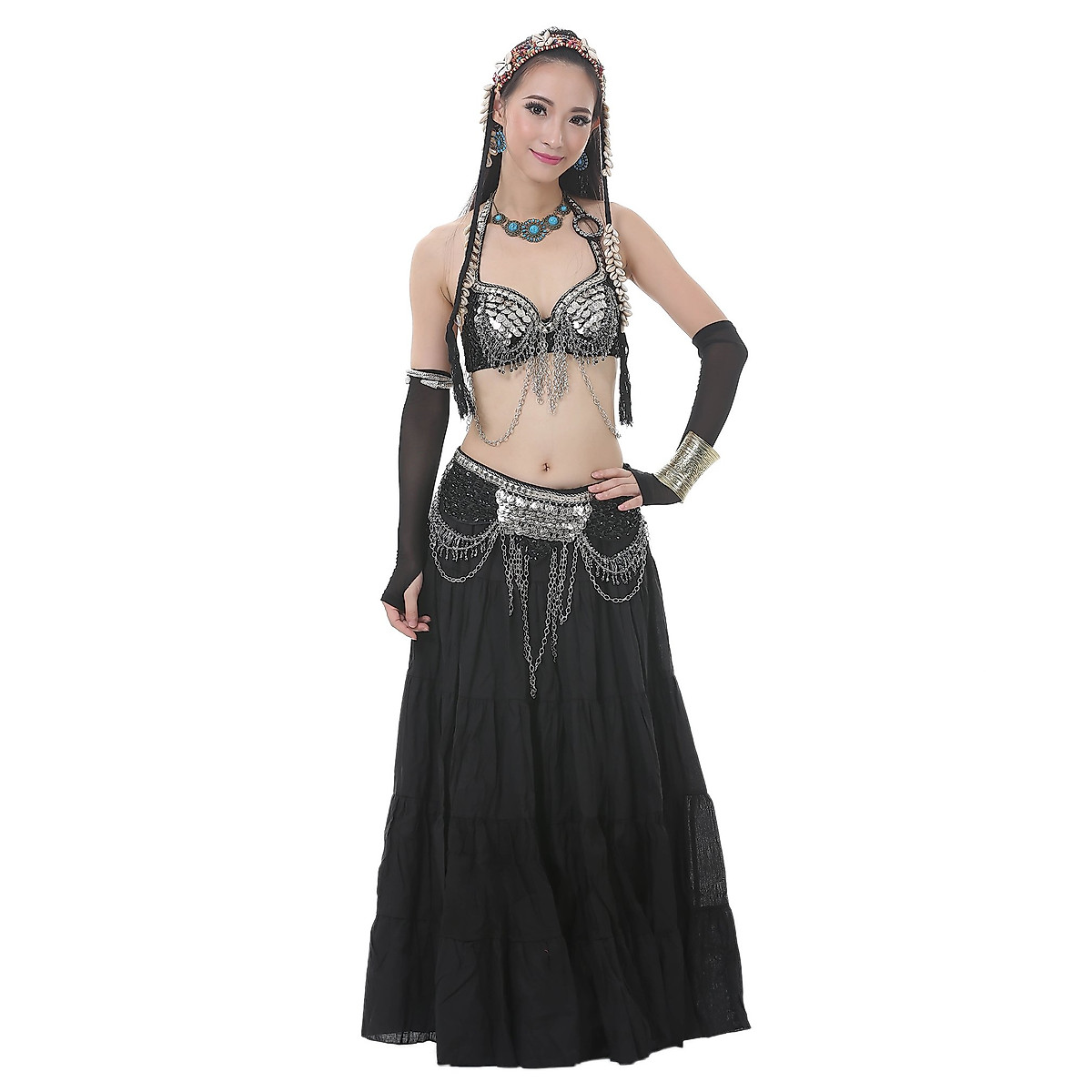 Astage Woman Belly Dance Full Circle Maxi Trible Skirts Linen Bohe Dress Black