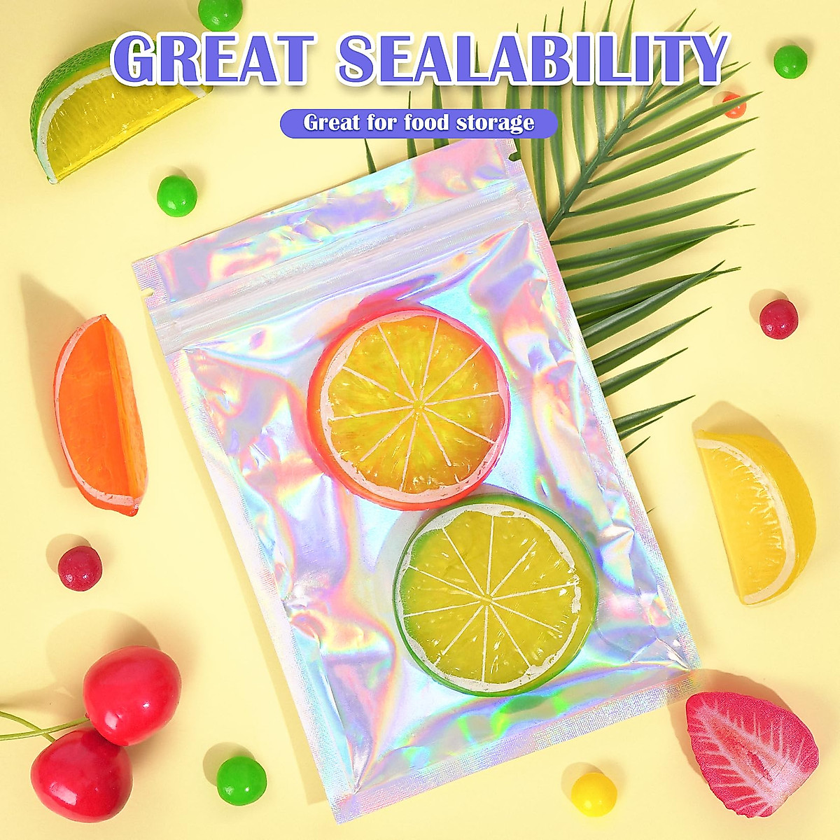 JETMORE 100 Pcs Mylar Bags, Smell Proof Bags with Clear Window, Holographic Bags for Snack, Cookie, Jewelry, Candy, Gift, Resealable Bags for Small Business, Sealable Bags for Packaging（2.4x3.9in）