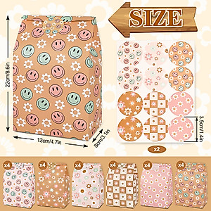 AnyDesign 24Pcs Vintage Boho Party Favor Bags 6 Designs Smile Daisy Paper Gift Bags with Sticker Decals Retro Checkered Goodie Treat Bags for Baby Shower Birthday Party Supplies Gift Wrap