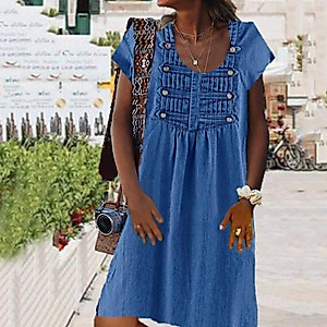 Padaleks Women’s Short Sleeve V Neck Button Shirt Dress Casual Loose Solid Tunic Tops Vintage Short Mini Dresses