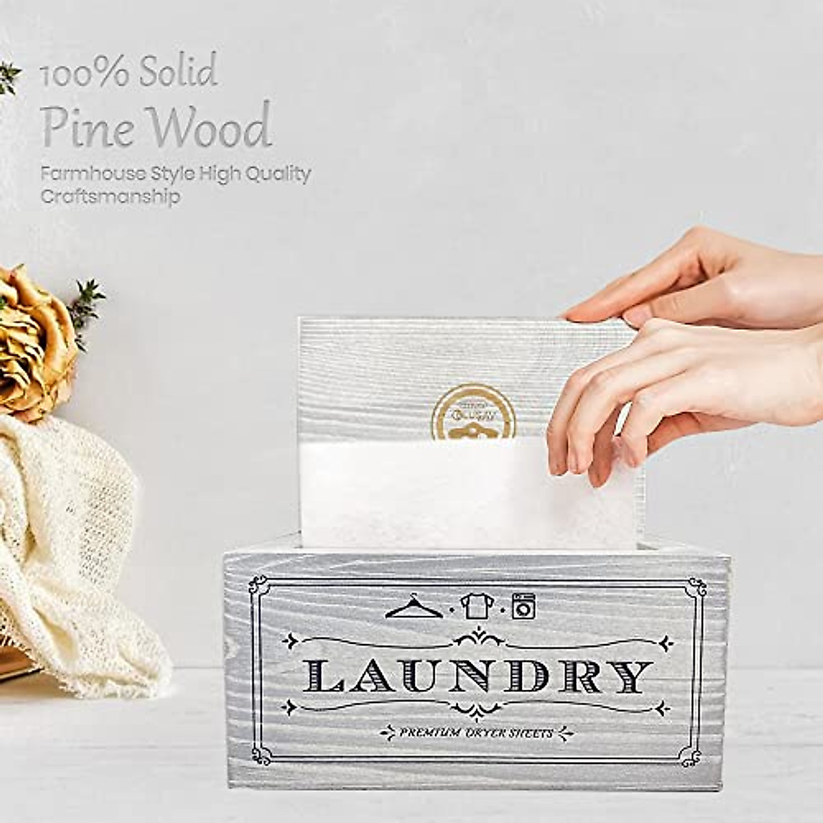 LUSAV Dryer Sheet Holder Dispenser with Hinged Lid for Laundry Room - Farmhouse Decor Dryer Sheets Container - with air Purifying Bag -Rectangular Box (Grayish-White) 7.9''x5''x4.2''