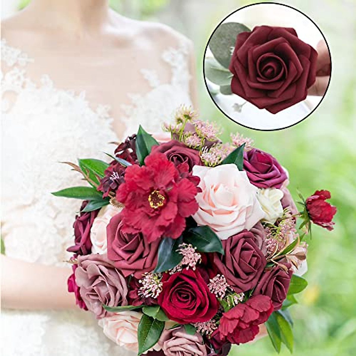 Fasjewly 25pcs Artificial Flower Foam Rose，Handmade Big Fake Flower Heads Red Roses for DIY Wedding Bouquets Bridal Shower Party Home Decorations with Box(25 Heads-Burgundy)